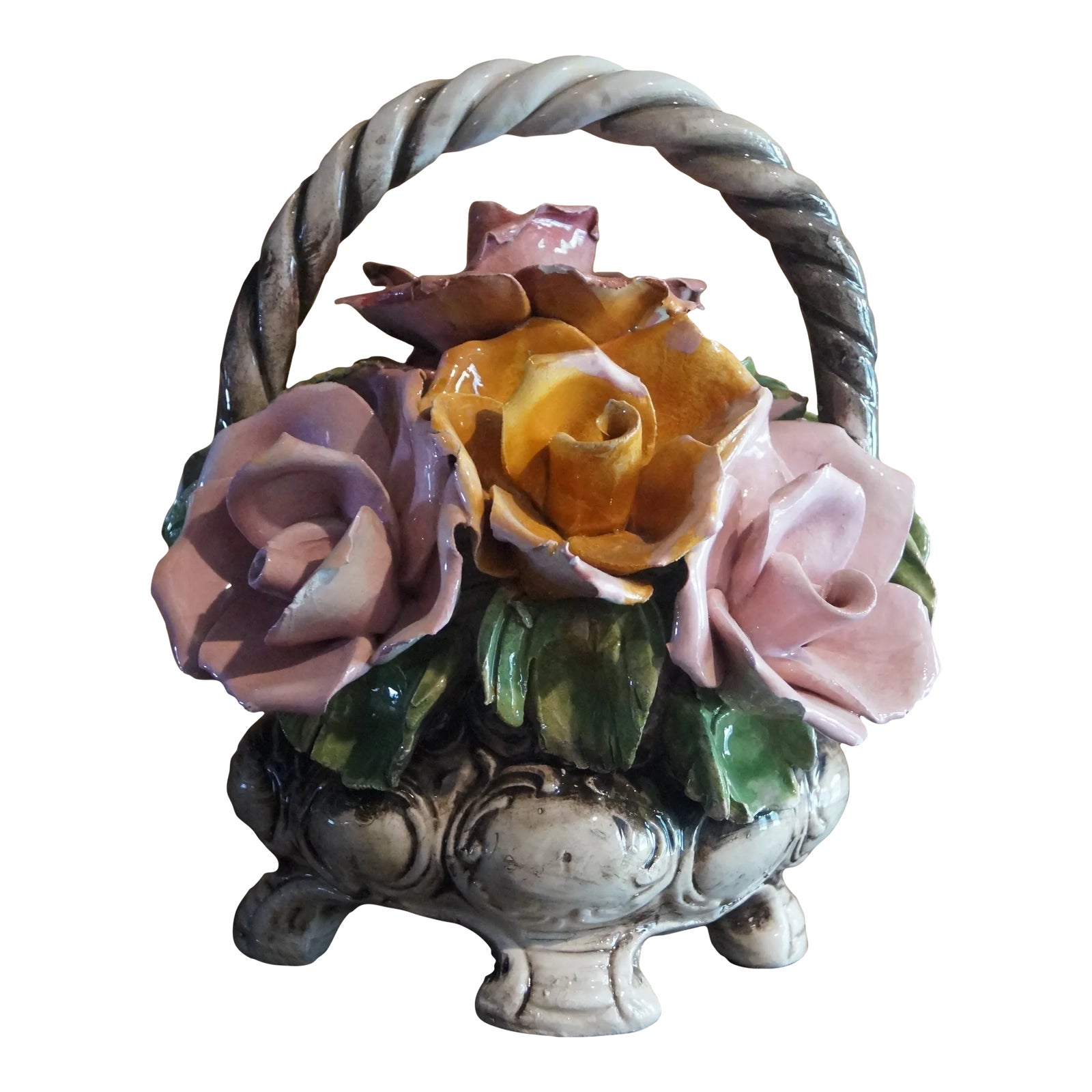 1950s Italian Capodimonte Porcelain Roses Basket Bouquet | Chairish