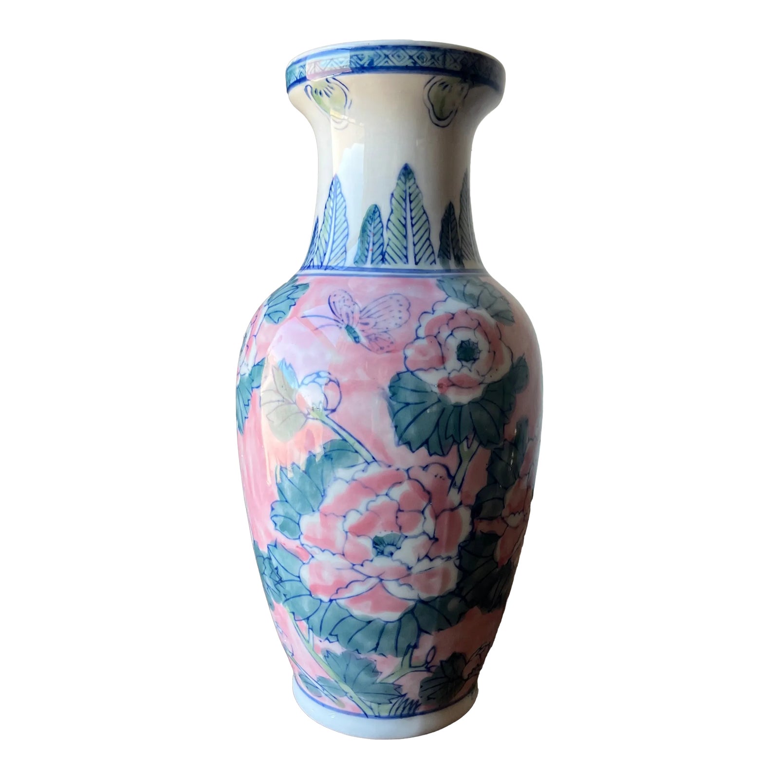 Vintage Chinoiserie Pink Butterfly and Flower Design Porcelain Vase ...