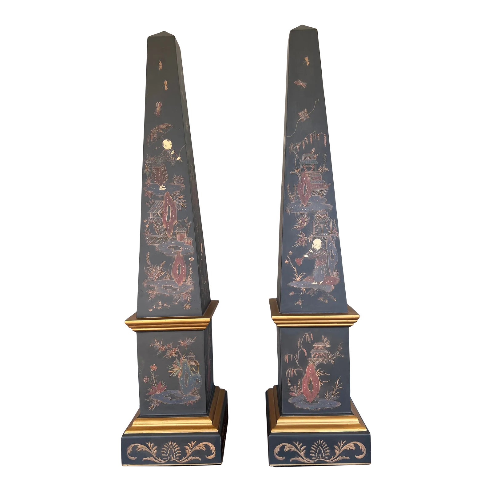 Pair, Vintage Chinoiserie & Partial Gilt Wood Decorated Obelisks | Chairish