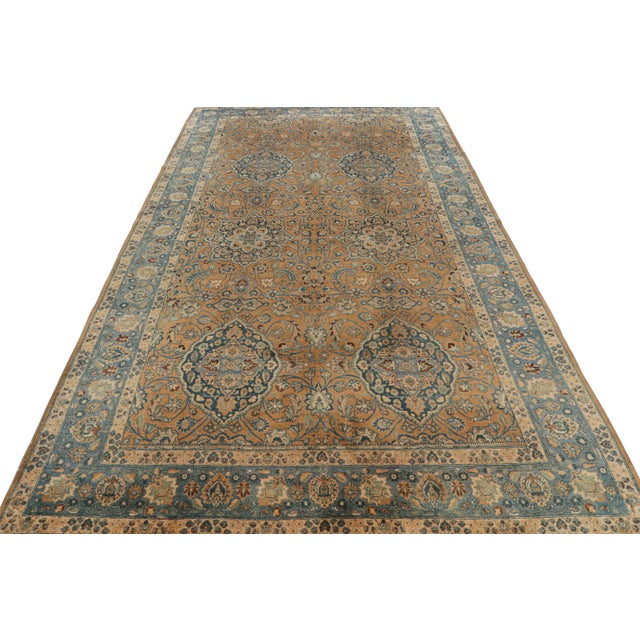 Hand-Knotted Antique Mashad Rug in Beige-Brown and Blue Floral Pattern ...