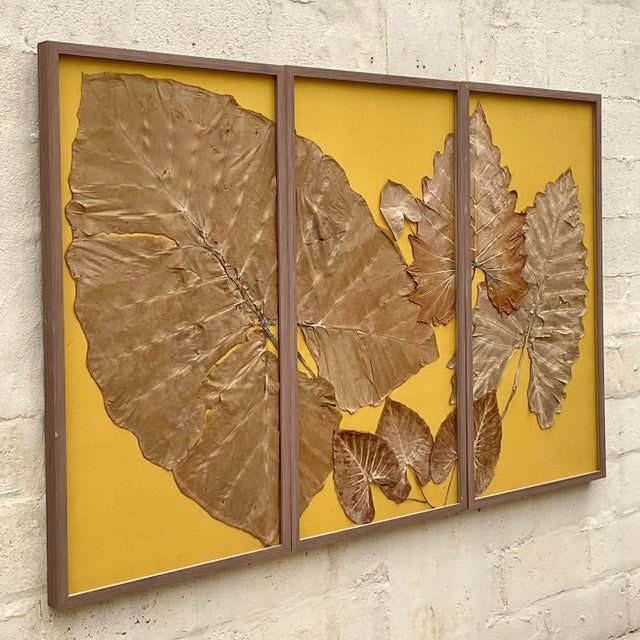 Vintage Boho Monumental Dried Leaves Triptych | Chairish