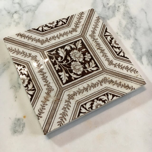 1880s Victorian Aesthetic Movement Floral Center Brown Tile | Chairish