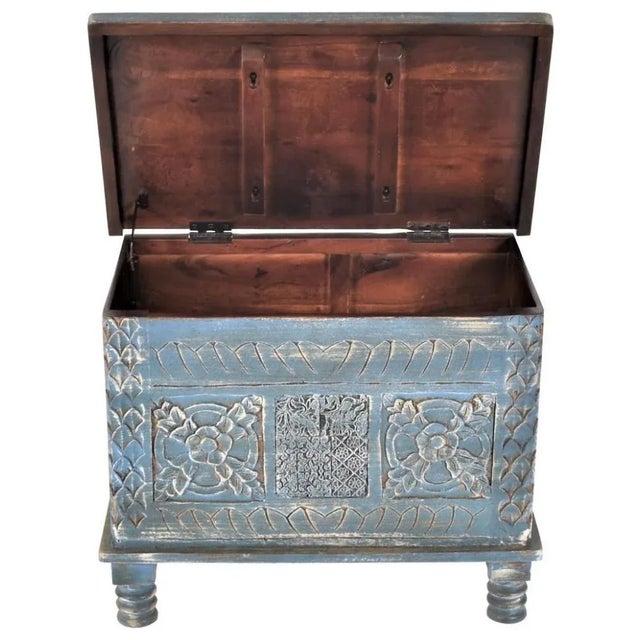 Distressed Blue Hand Carved Box Storage Trunk With Legs Nochi | Chairish