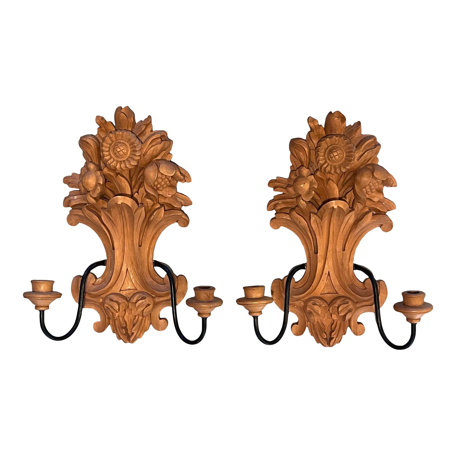 Vintage Italian Rustic Style Carved Wood Two Arm Candle Wall Sconces ...