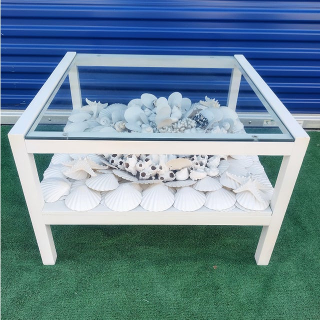 Custom Made Coastal Square White Seashell Encrusted Coffee Table | Chairish