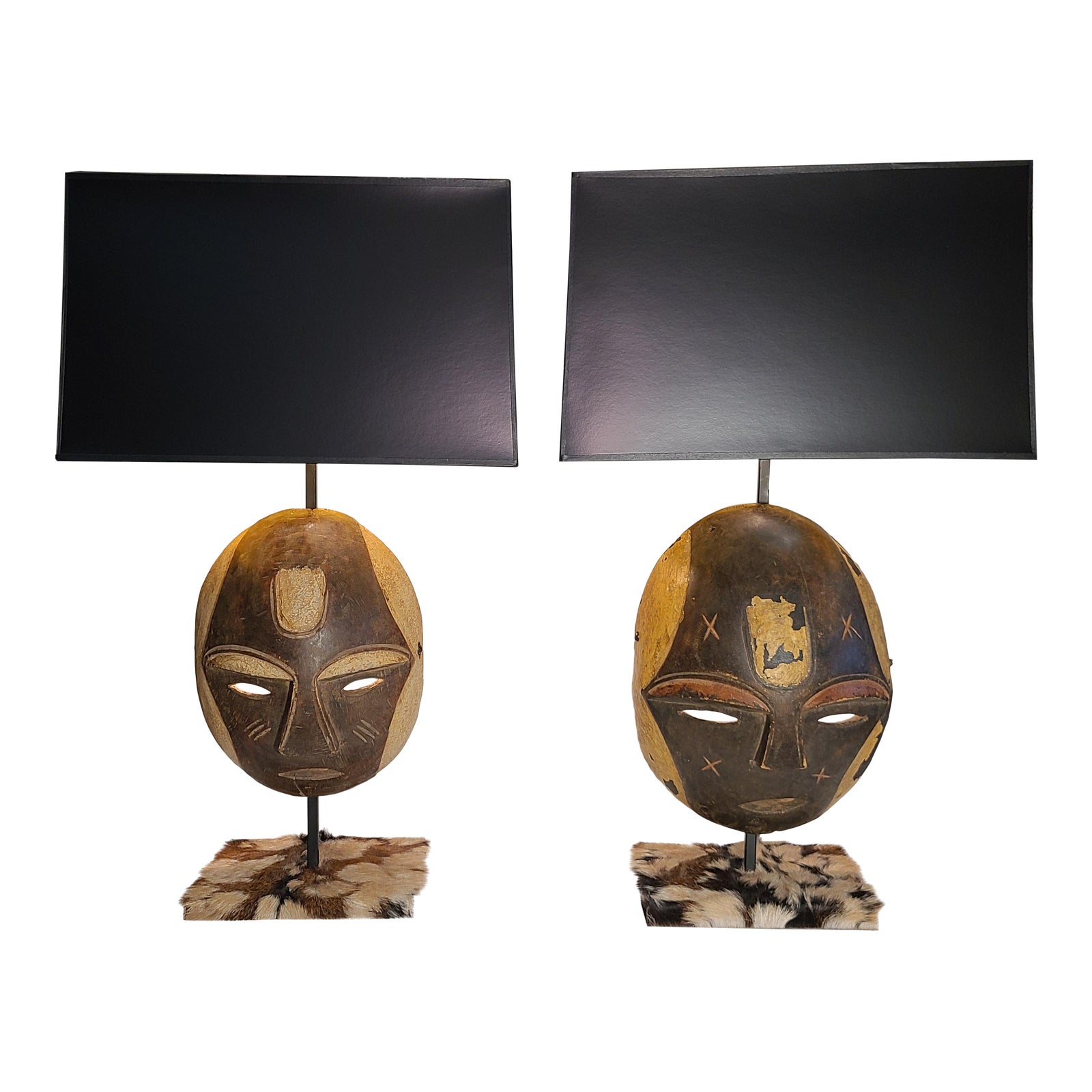 Tribal Mask Lamps and Shades - a Pair | Chairish