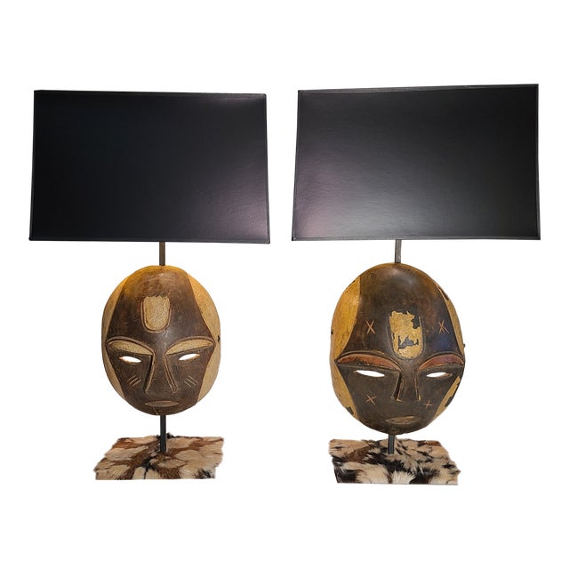 Tribal Mask Lamps and Shades - a Pair | Chairish