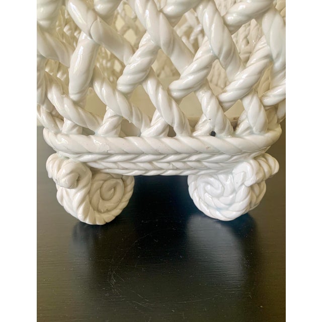 French Country White Ceramic Woven Rope Cachepot Basket | Chairish