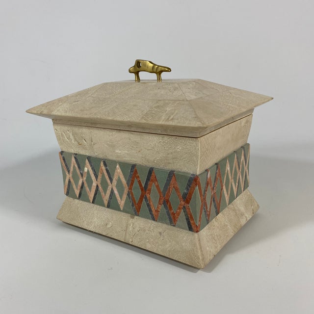 Inlaid Stone Box With Inlay Pattern and Brass Handle | Chairish