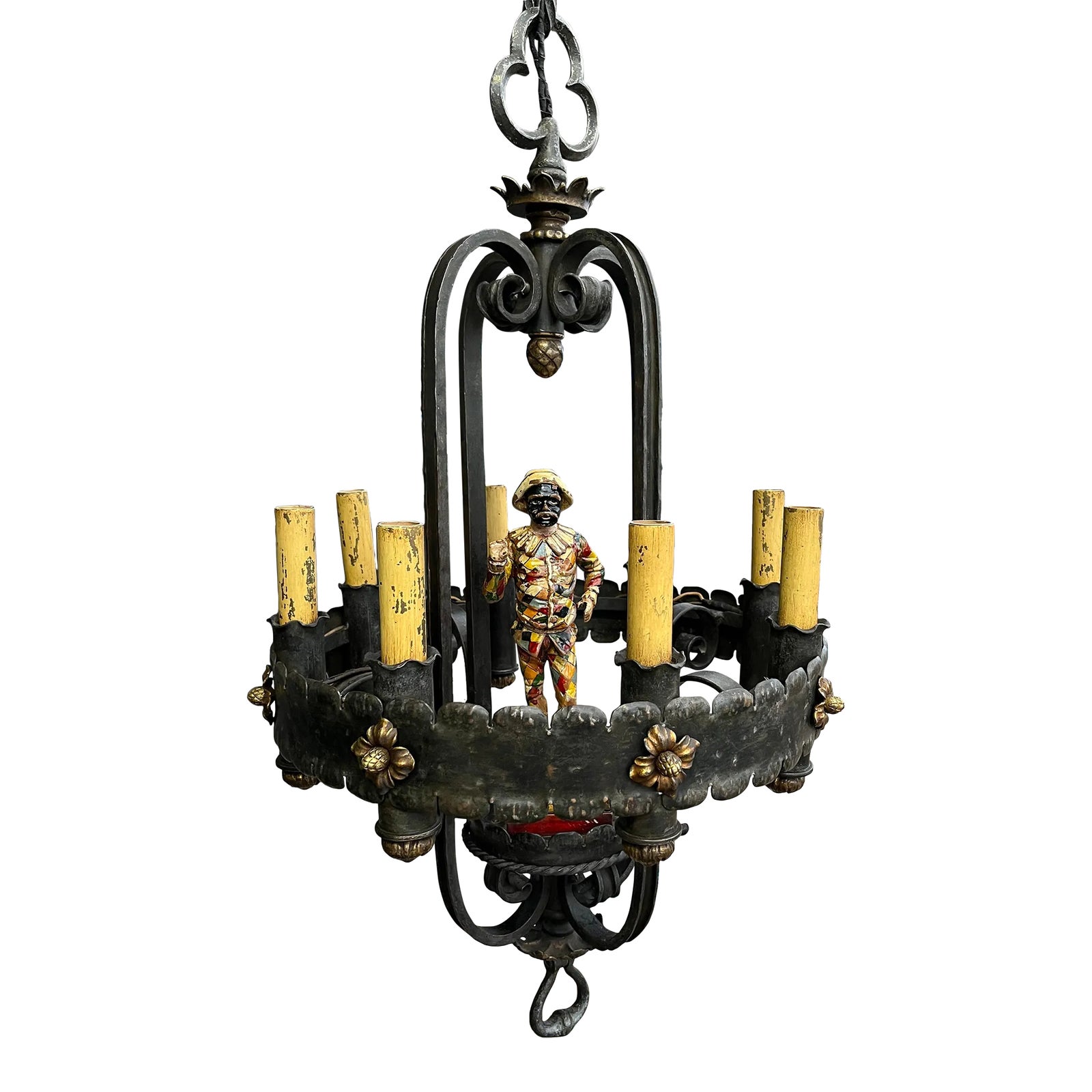 1800s Gothic Forged Iron & Bronze 8-Light Tudor Chandelier With Carved ...