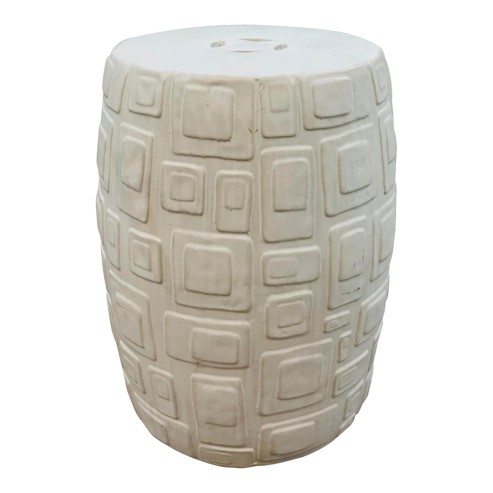 Mod Geometric Off-White Glaze Garden Stool | Chairish
