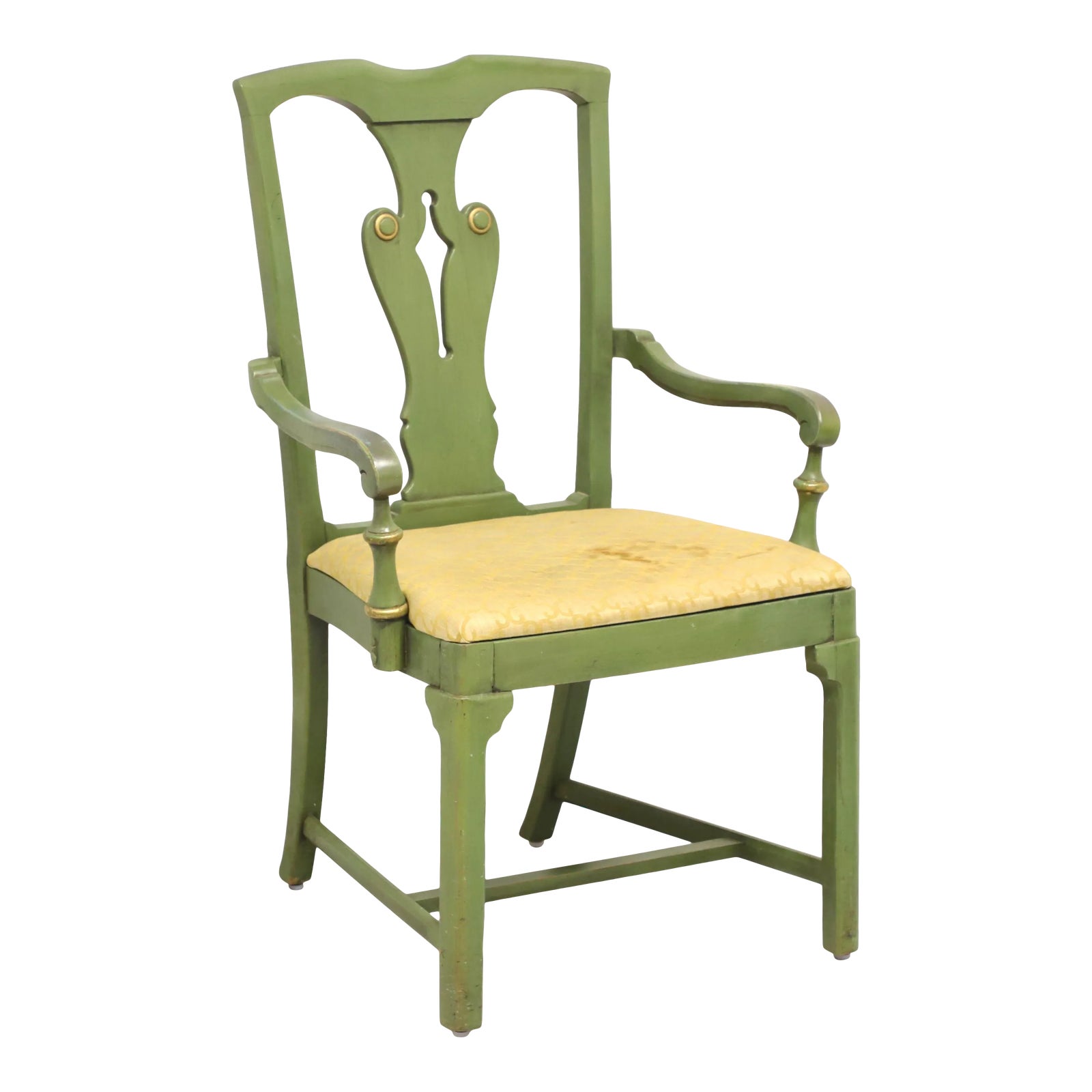 Farmhouse Style Green Painted Armchair With Distressed Finish | Chairish