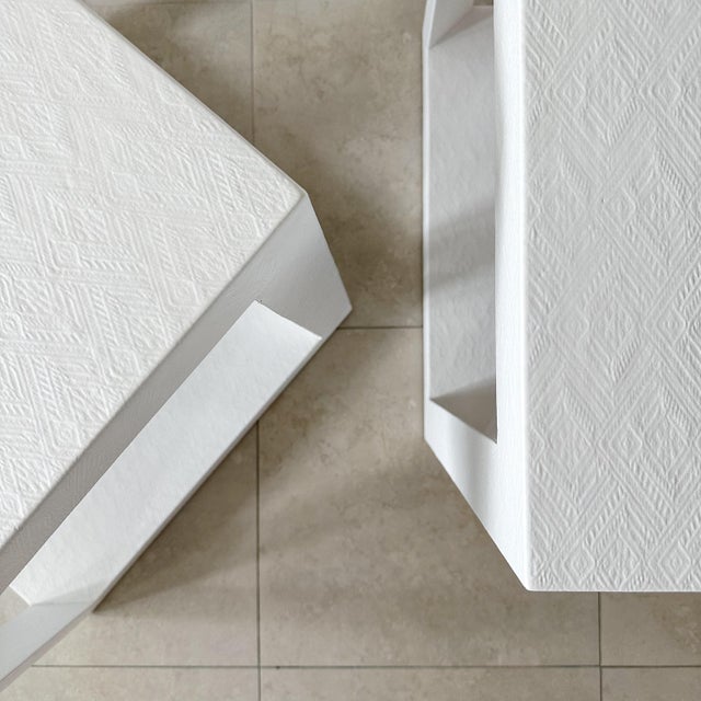 Pair 1970's Linen Wrapped White Lacquered Side Tables | Chairish