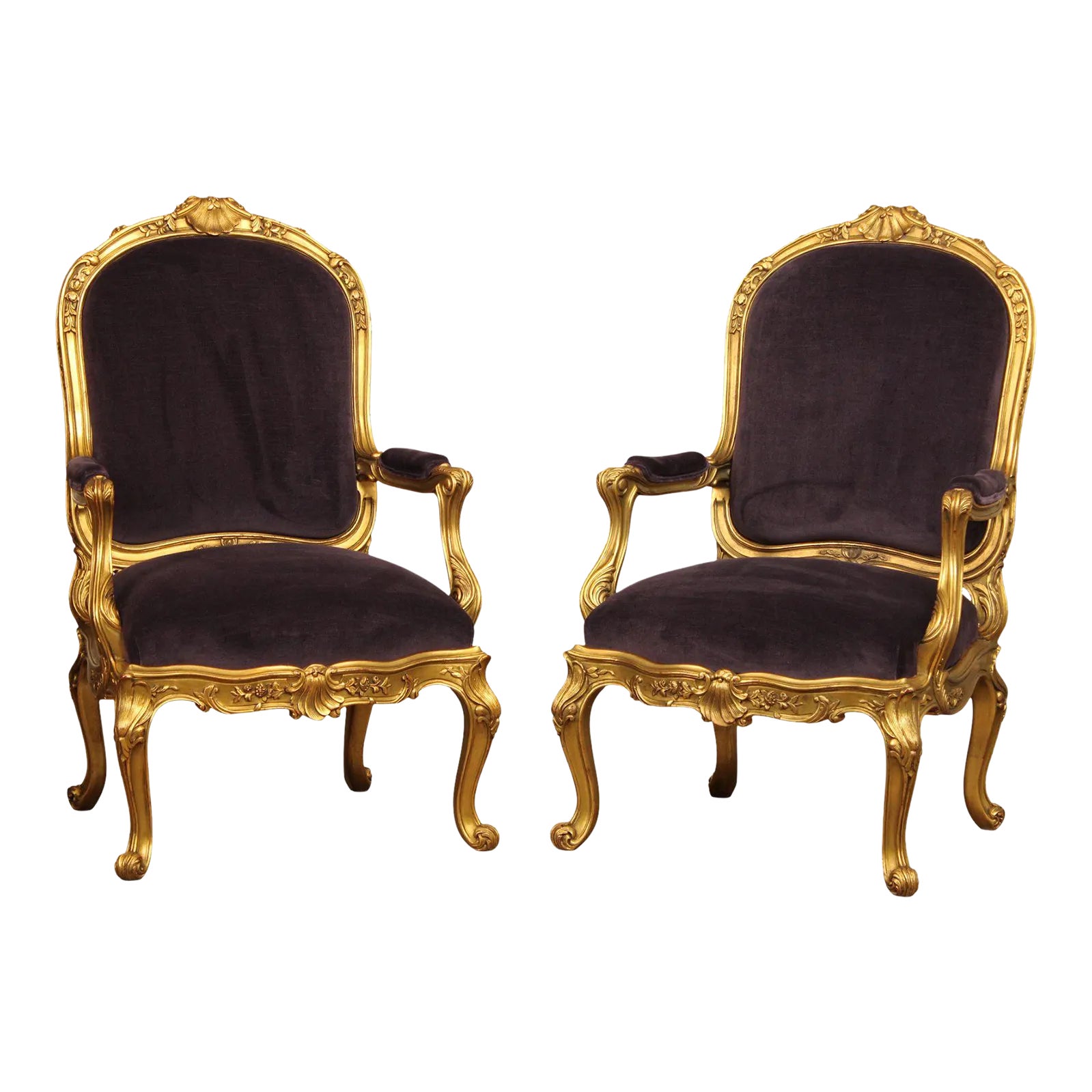 French Rococo Louis XV Style Pair of Giltwood Fauteuil Armchairs | Chairish
