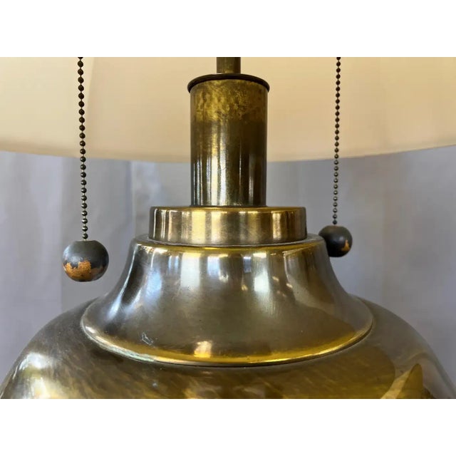 Pair of Monumental Marbro-Style Antiqued Brass Table Lamps With Shades ...