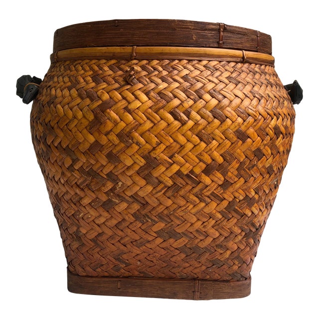 Mid 20th Century Large Herringbone Rattan Basket With Hand-Carved ...