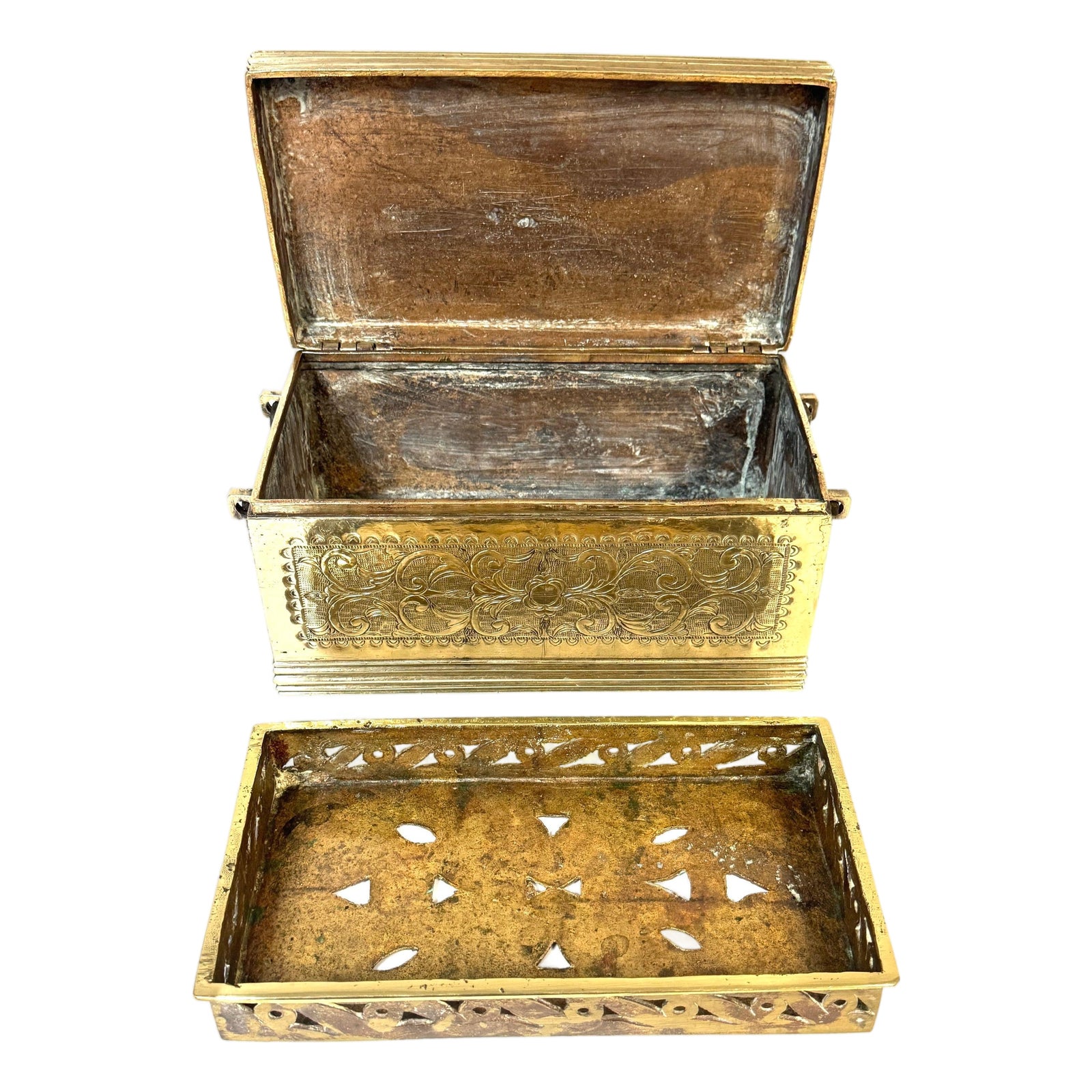 Cast Brass Engraved Brazier Box with Pierced Charcoal Tray, North India ...