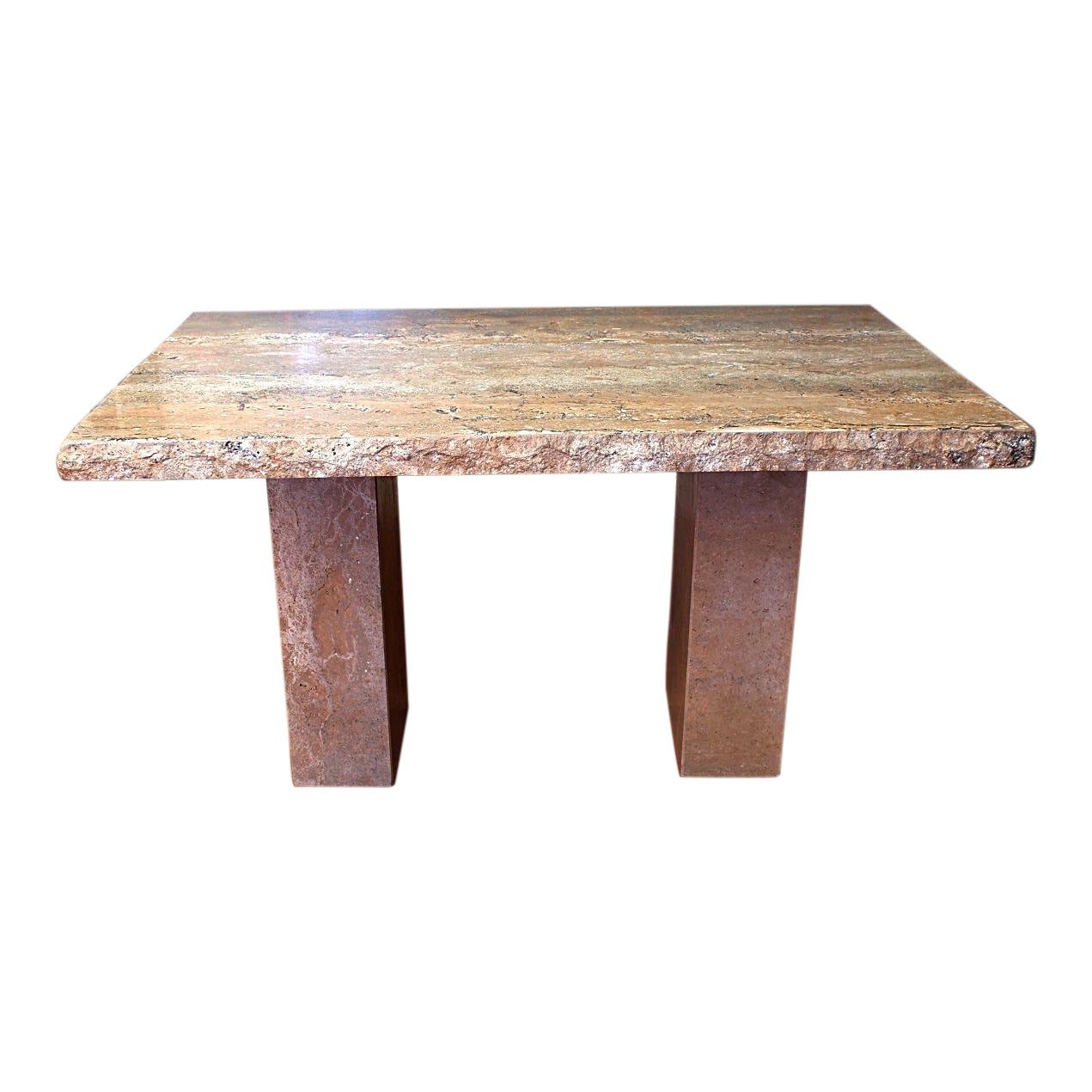 Vintage Natural Stone Dining Table With Double Pedestal Base | Chairish