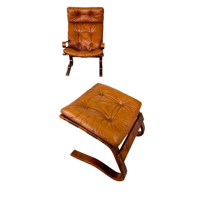 Vintage Scandinavian Cognac Lounge Chair and Foot Stool by Oddvin ...
