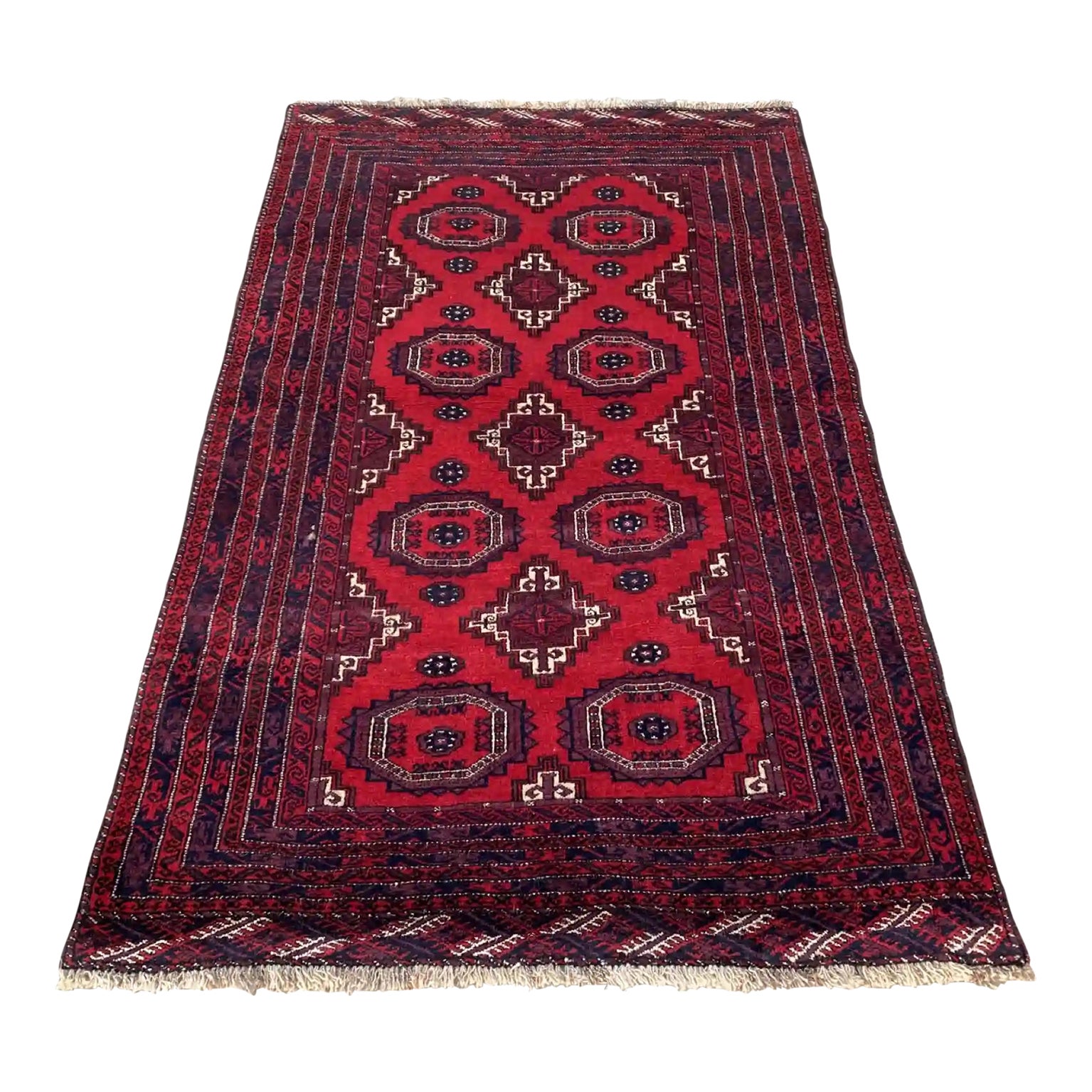 Hand-Knotted Vintage Wool Red and Navy Turkmen Design Rug - 4' X 6.1 ...
