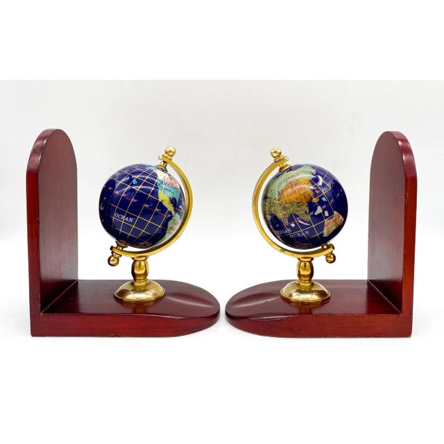 Vintage Semi-Precious Stone Globes on Wood Bookends- a Pair | Chairish