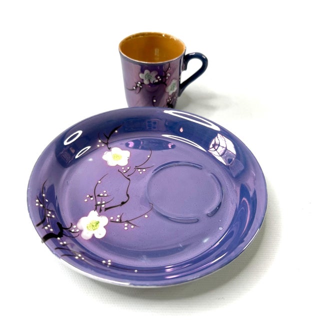 1990s Japanese Blue & Gold Lusterware Espresso Cups & Saucers with Hand ...