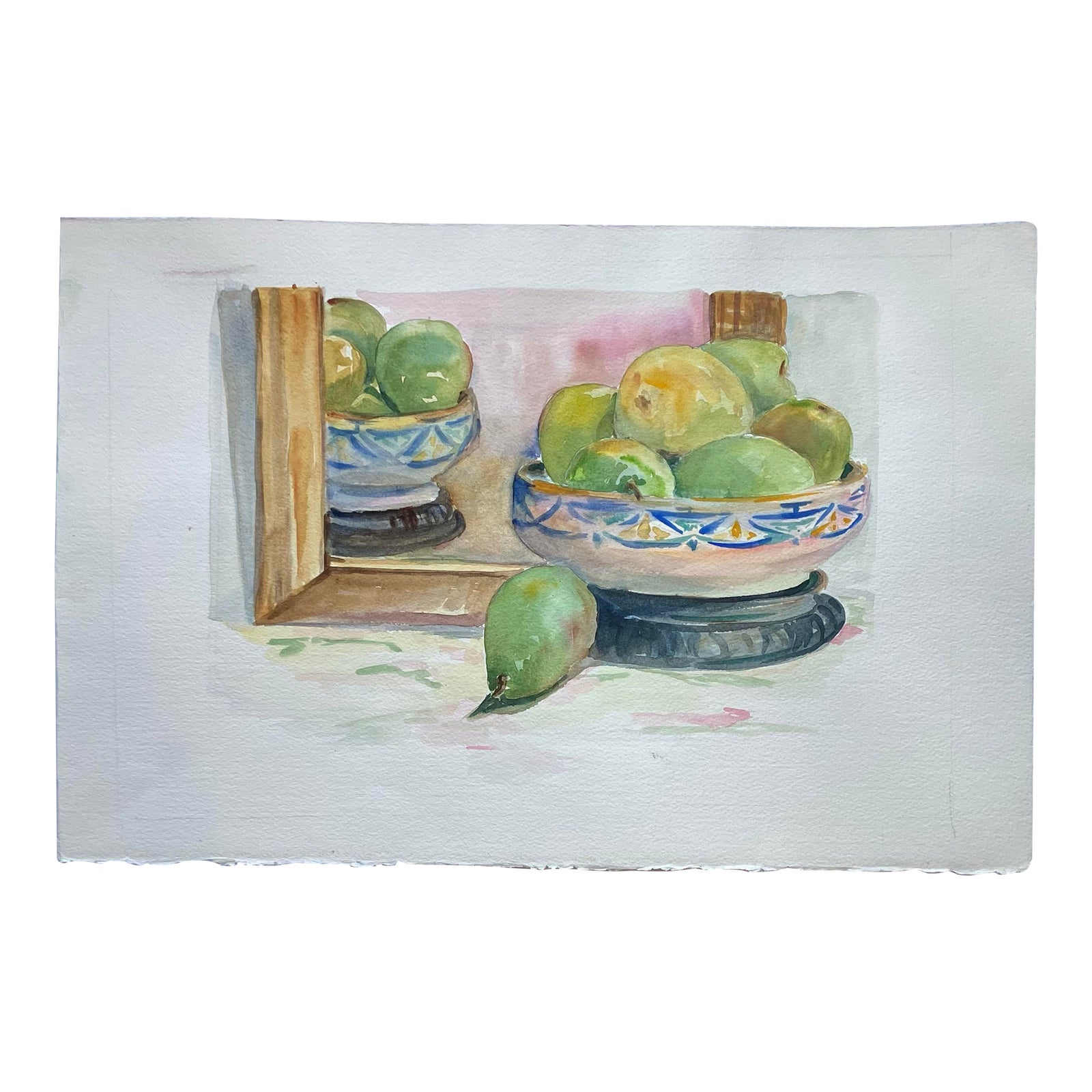 1980’s Original Watercolor Still Life Painting Green Pears in Bowl With ...