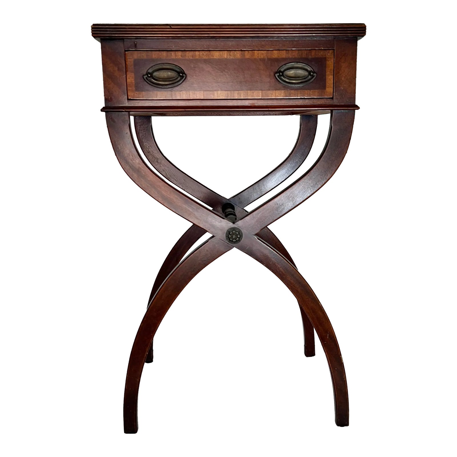 Mid Century Mahogany X Leg One Drawer Green Leather Top Side Table ...