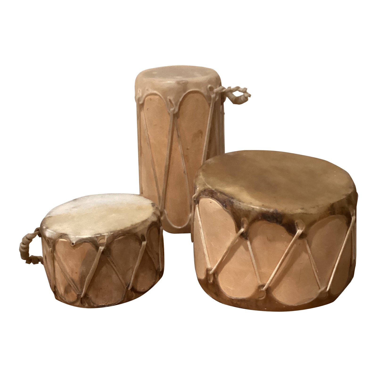 Vintage Musical Instrument Rawhide Tribal Leather Wooden Drum Set- 3 ...