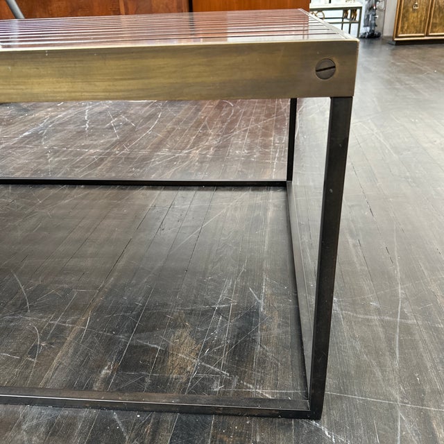 Custom Design Wood Slatted Coffee Table + Brass Edges | Chairish