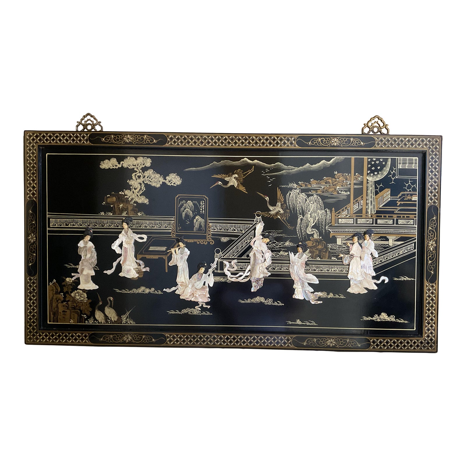 Vintage Chinese Black Lacquer Wall Panel With Mother of Pearl Inlay ...