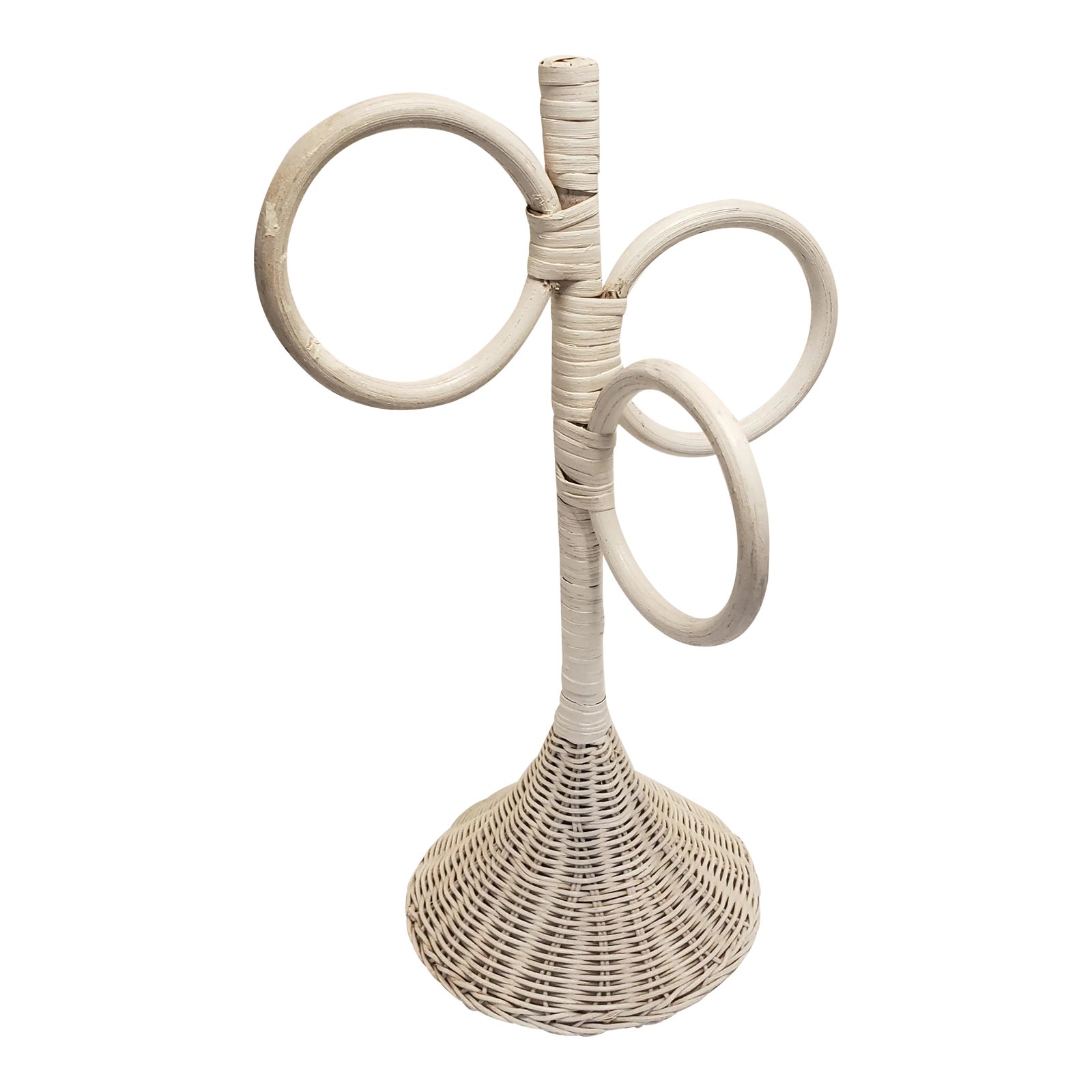 Mid-Century White Wicker Freestanding Towel Rack With 3 Rings | Chairish