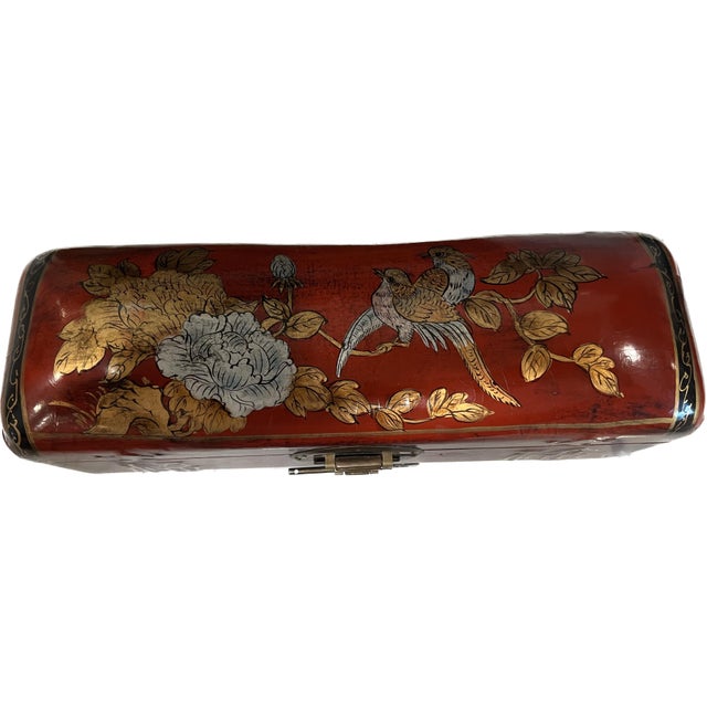 Antique Chinese Red Leather Lacquered and Gold Painted Box With Birds ...