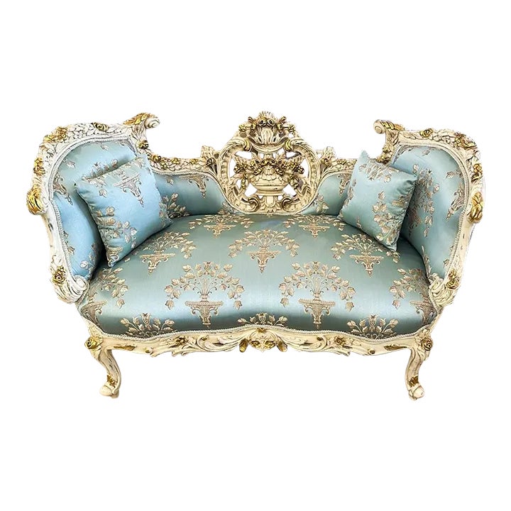 French Style Sky Blue Tufted Settee | Chairish