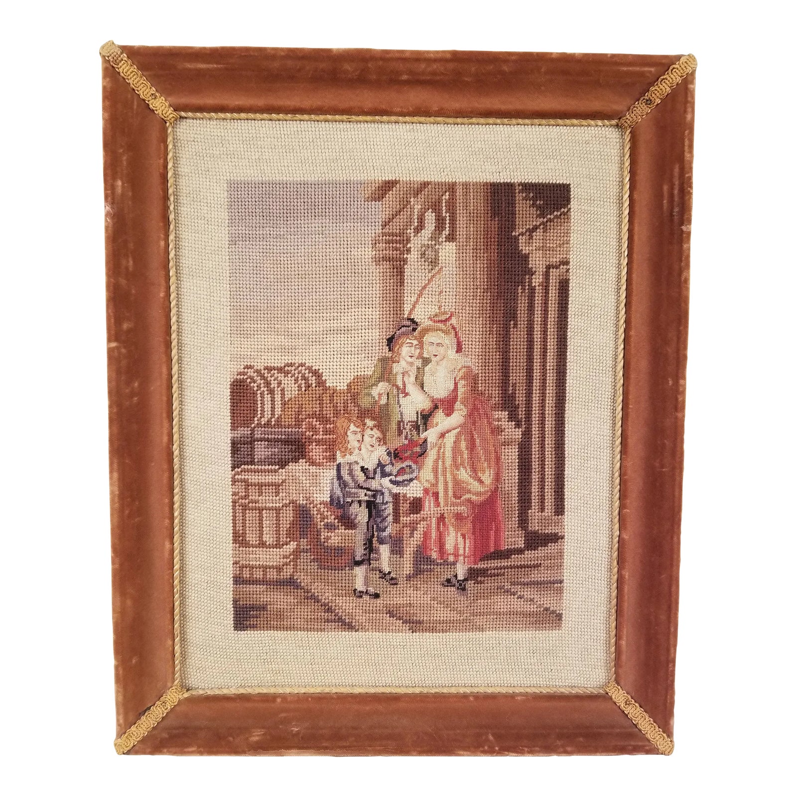 Antique Velvet Framed Petit Point Needlepoint of 18th Century Scene ...