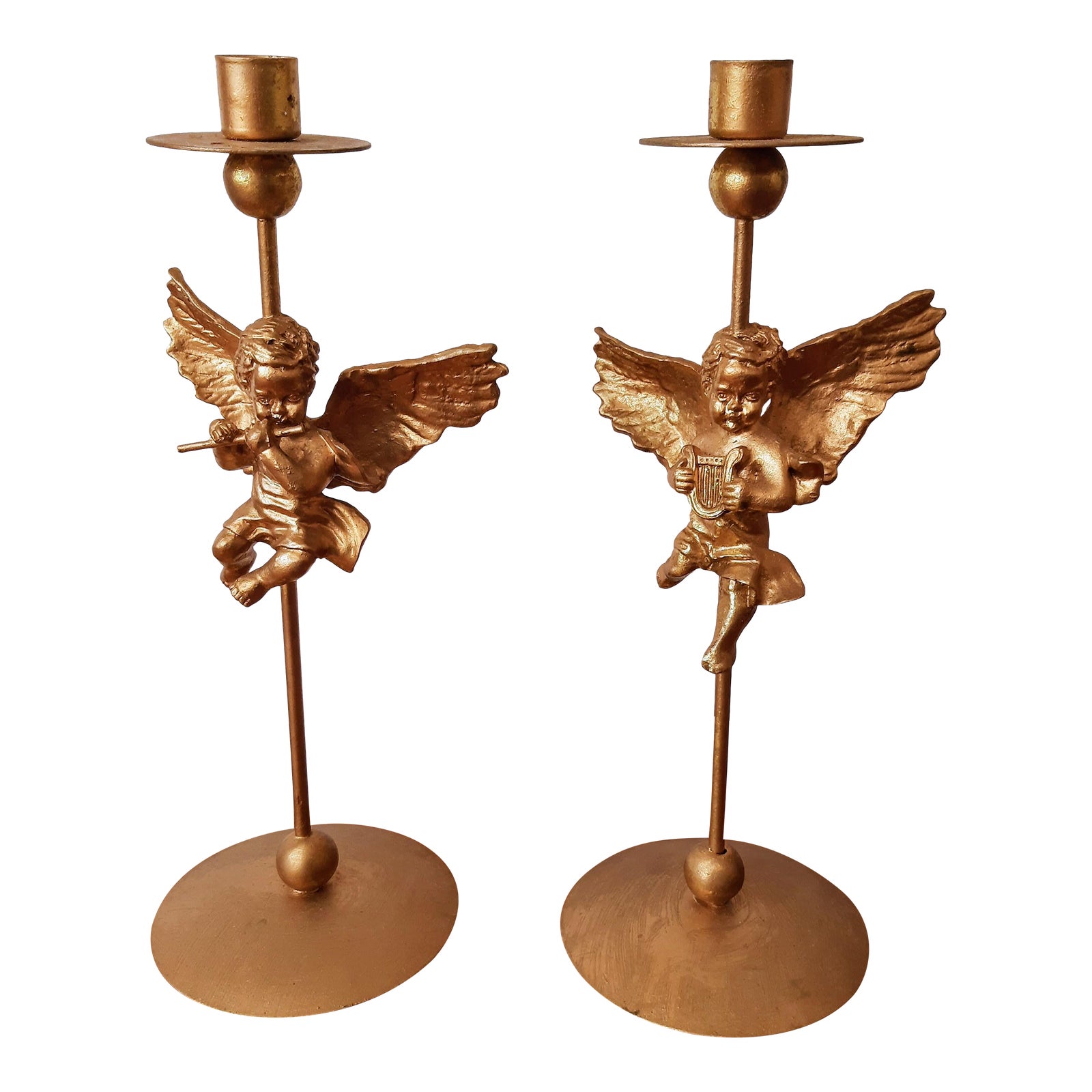 Gold Angel Cherub Candlesticks Pair | Chairish