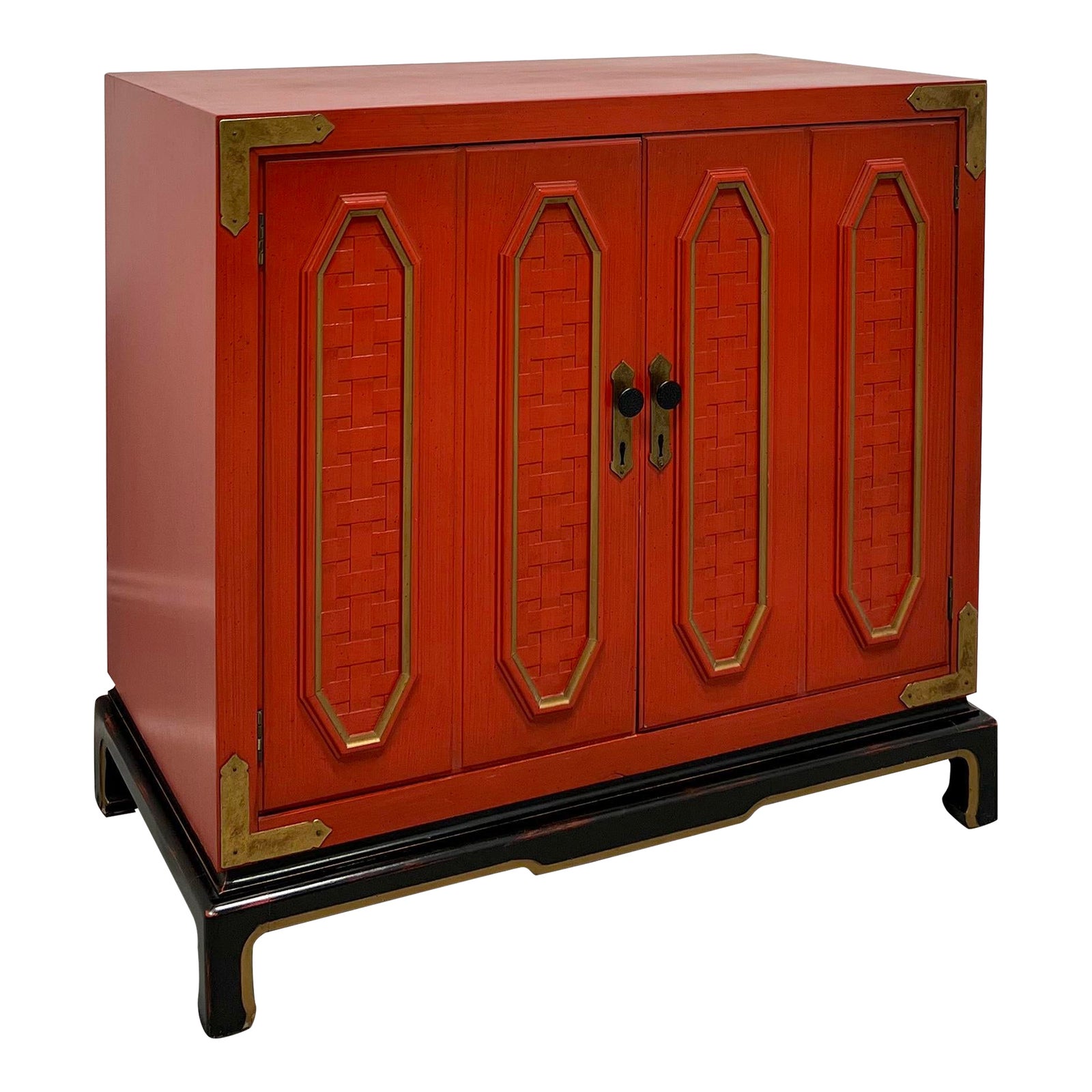 Thomasville Red & Black Lacquered Asian Campaign Style Console Cabinet ...