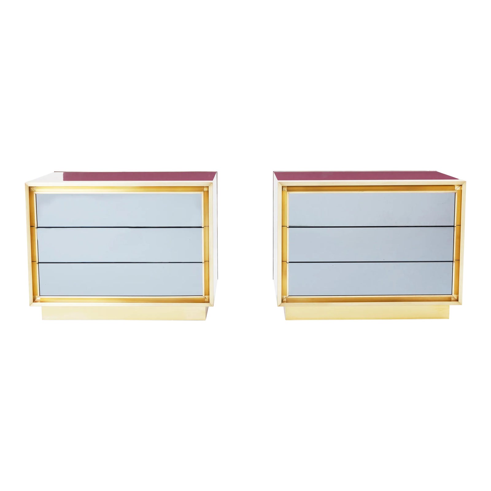Maison Jansen Raspberry Lacquer Brass Mirrored Nightstands 1970s | Chairish
