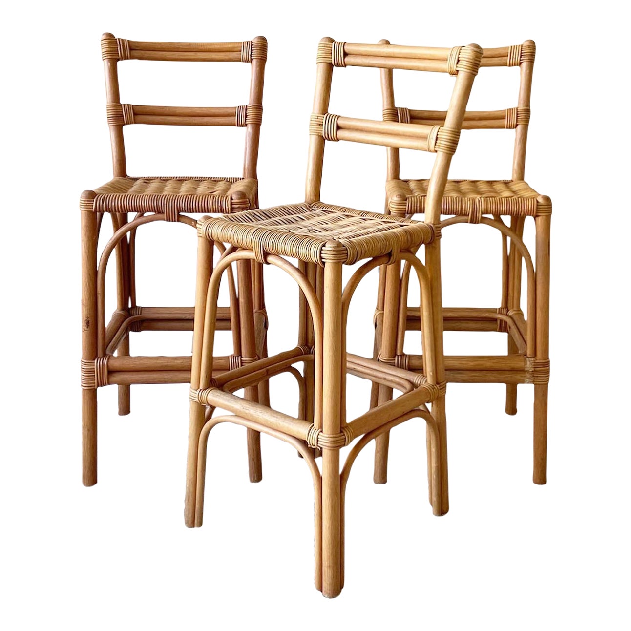 Vintage Boho Chic Bamboo Rattan Stools - a Pair | Chairish