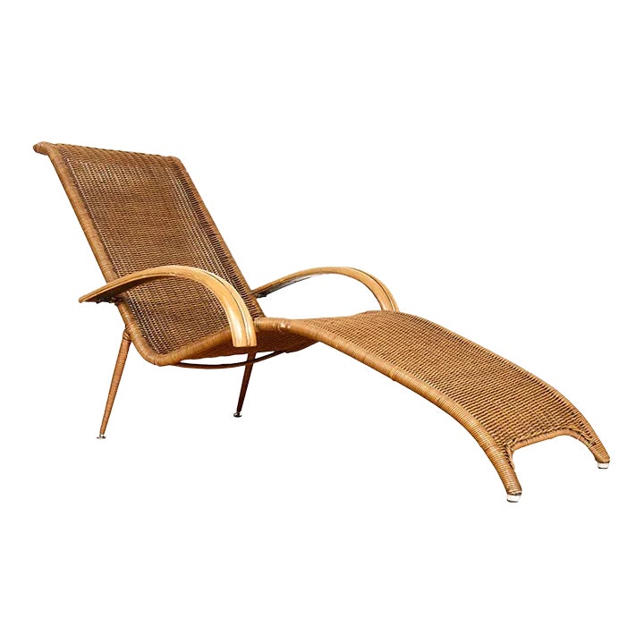 Mid-Century Woven Rattan Chaise Lounge | Chairish