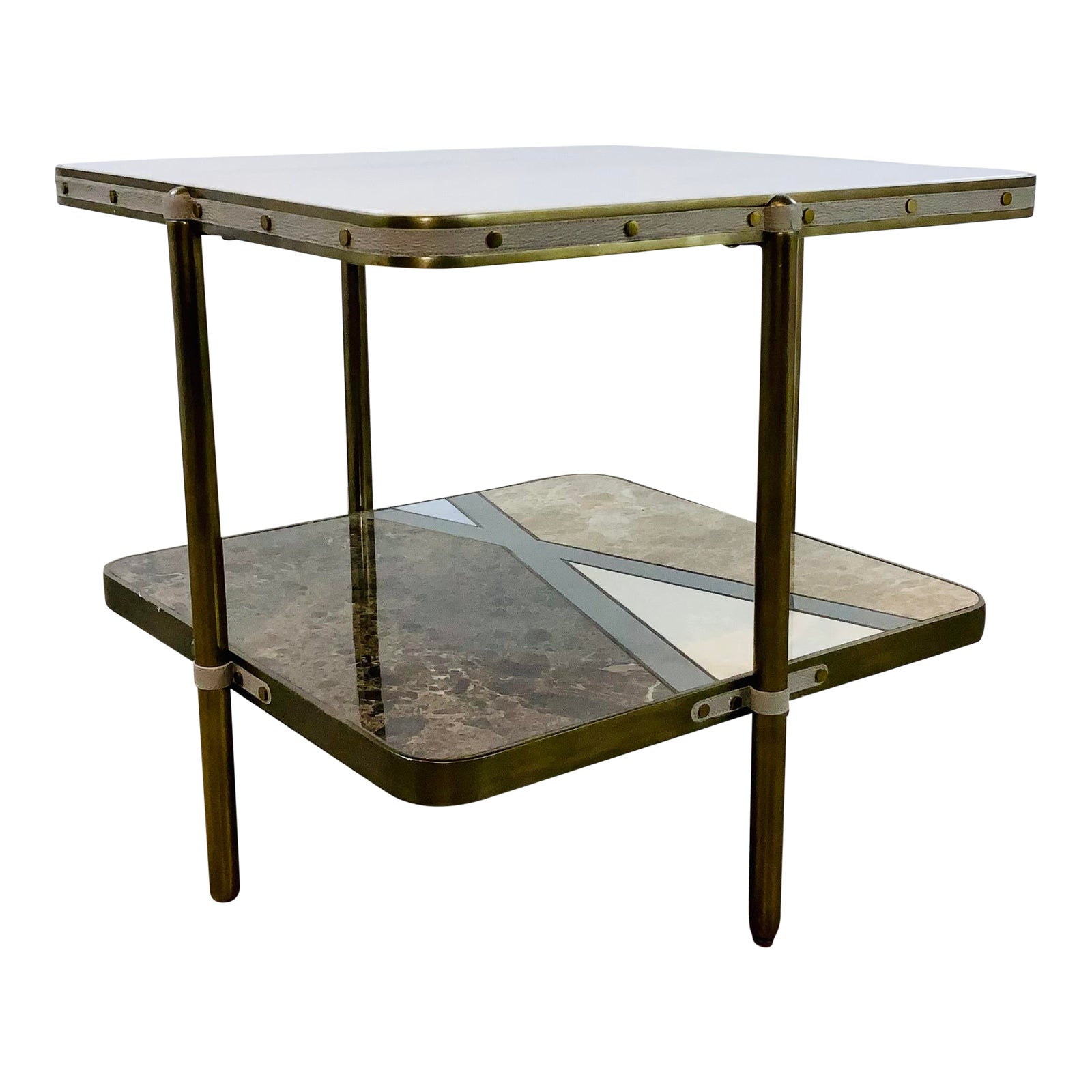 Theodore Alexander Modern Two Tiered Parquetry Marble Iconic End Table | Chairish