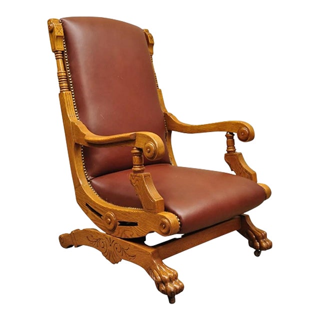 19th Century Antique Eastlake Victorian Oak Wood Paw Foot Platform Rocker Rocking Chair Seating