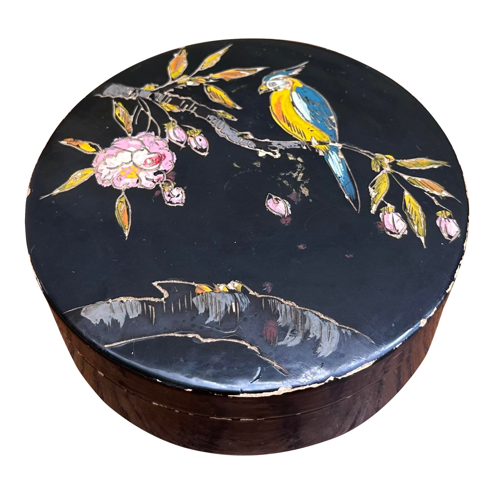 Vintage Asian Round Hand Painted Decorative Box With Lid | Chairish