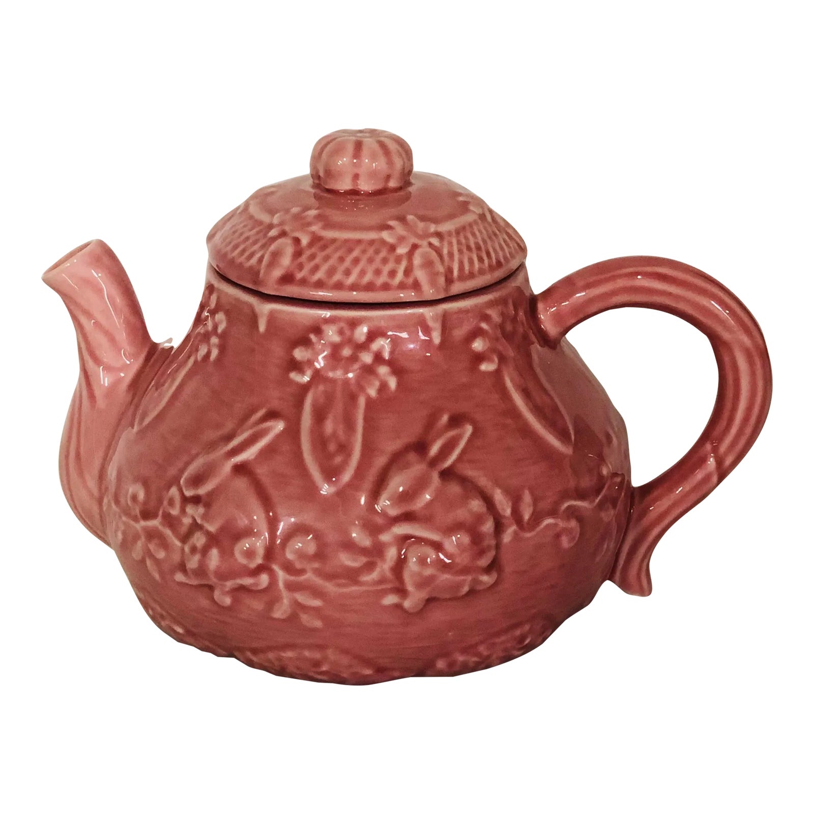 Vintage Pink Bordallo Pinherio Briar Patch Rabbit Tea Pot | Chairish