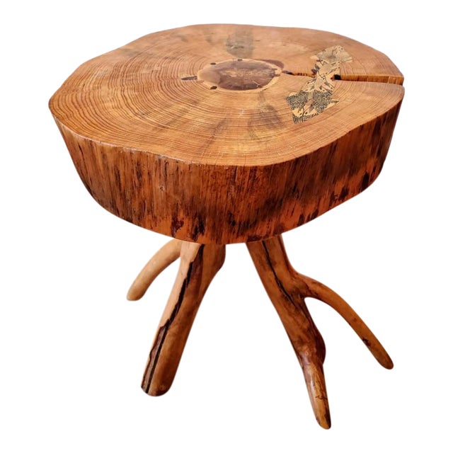 Natural Live Edge Tree Slice Inlaid Side Table With Root Base - Signed ...