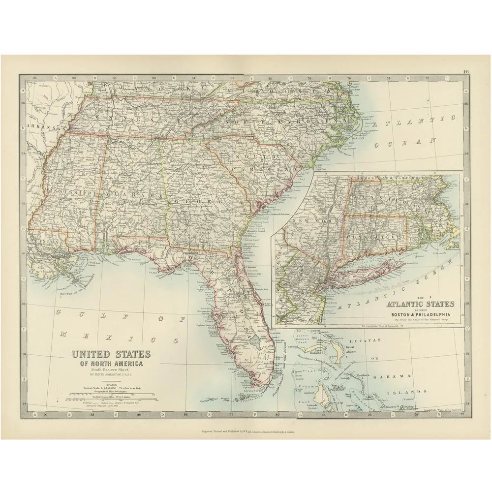 Map of the Southeastern USA and Atlantic States, 1903 | Chairish