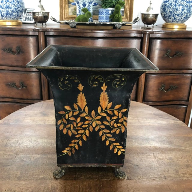 Vintage Metal French Style Toleware Footed Cachepot Black With Gold ...