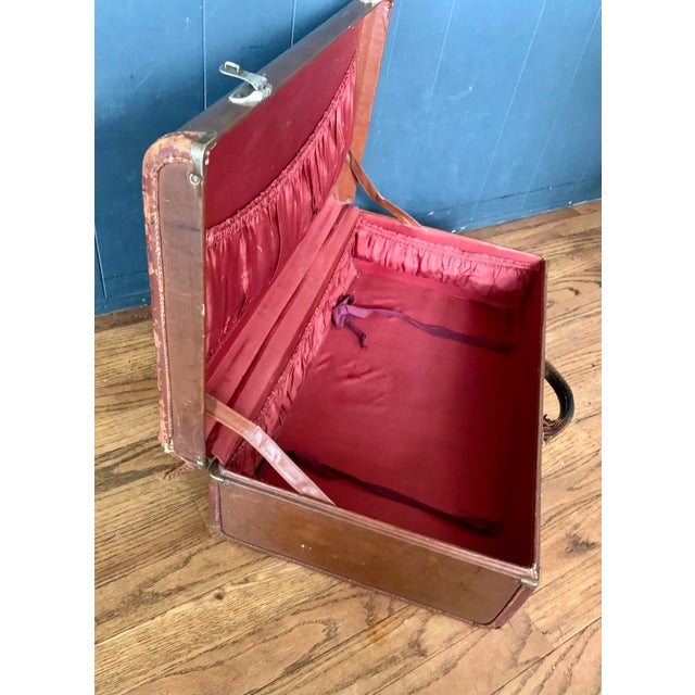 Mid 20th Century Vintage Leather Suitcase With Burgundy Lining | Chairish