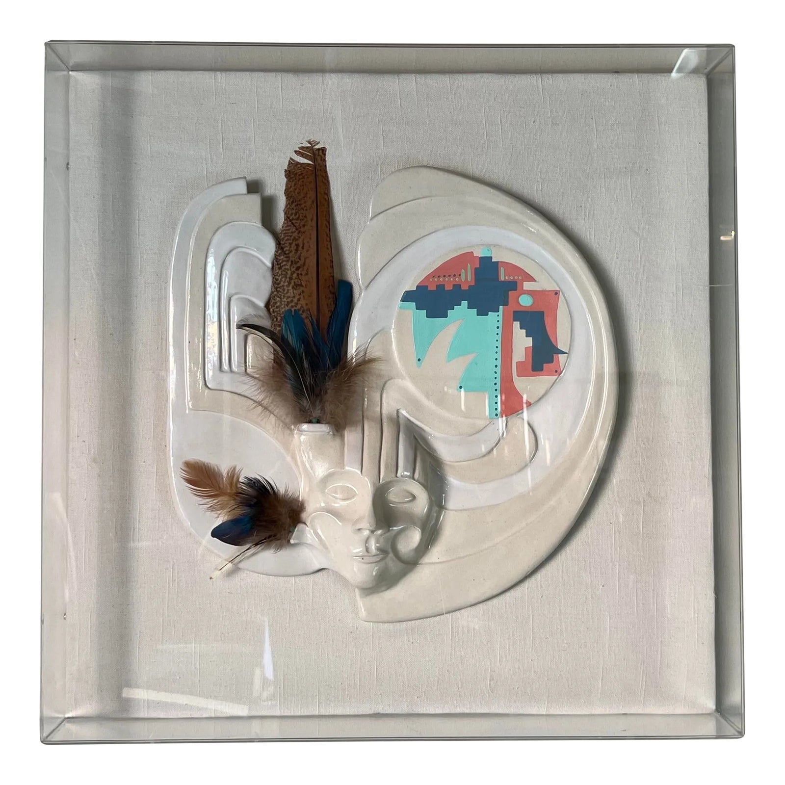 Vintage Native American Ceramic Wall Art Sculpture on Lucite Box | Chairish