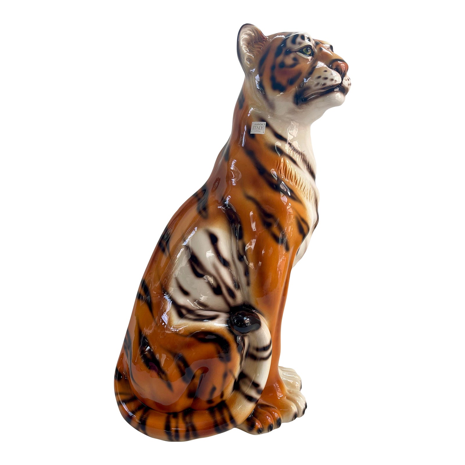 Large Italian Hand-Painted Ceramic Tiger Statue | Chairish